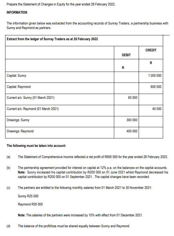 Solved Prepare the Statement of Changes in Equity for the | Chegg.com
