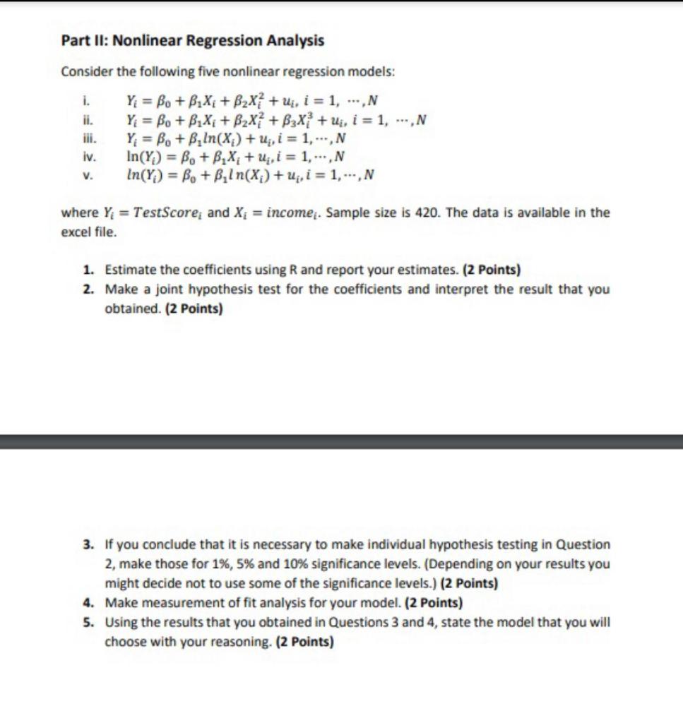 Solved Part II: Nonlinear Regression Analysis Consider the | Chegg.com