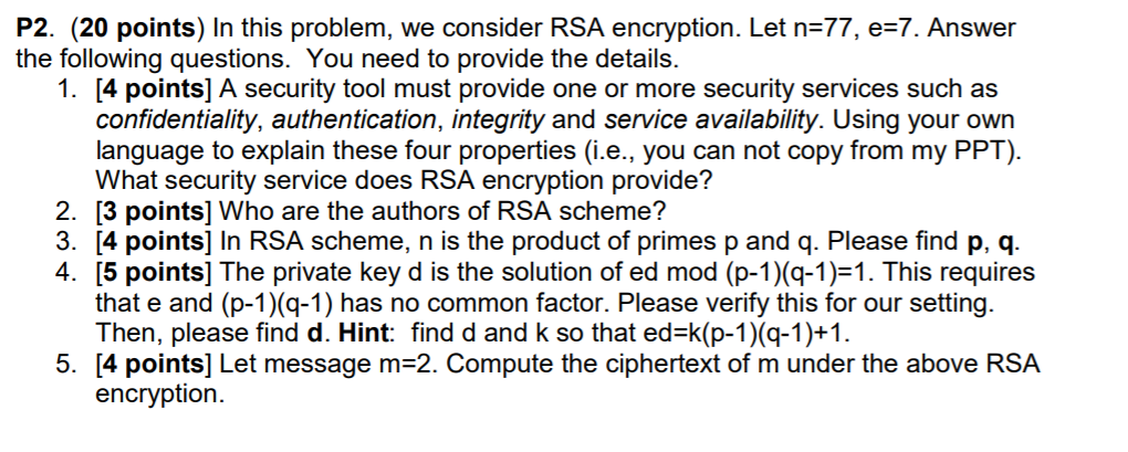 Solved P2. (20 points) In this problem, we consider RSA | Chegg.com