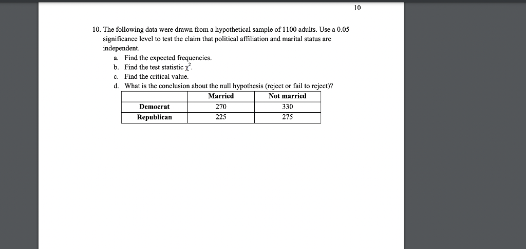 Solved 10. The following data were drawn from a hypothetical | Chegg.com