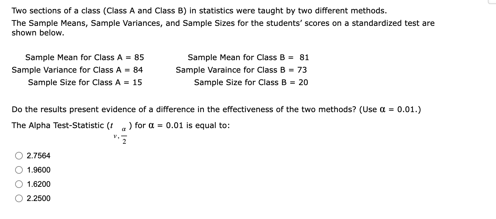 Solved Two sections of a class (Class A and Class B) in | Chegg.com