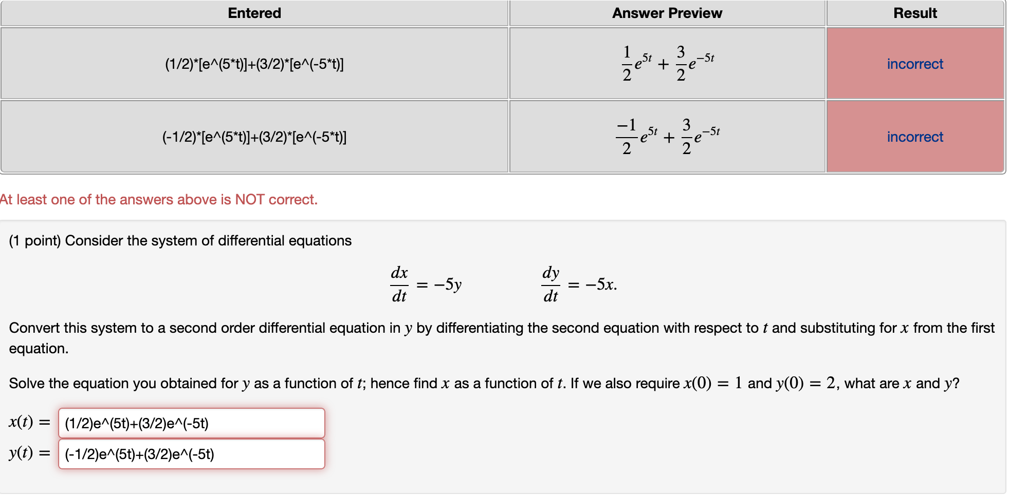 Solved Entered Answer Preview Result 1 -5t | Chegg.com