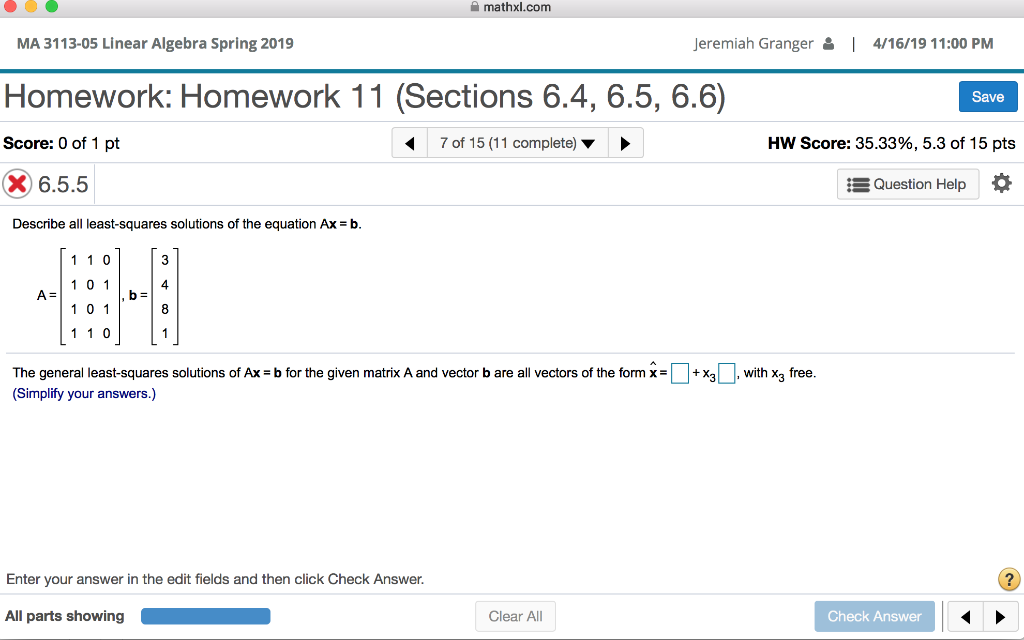 Solved mathxl.com MA 3113-05 Linear Algebra Spring 2019 | Chegg.com