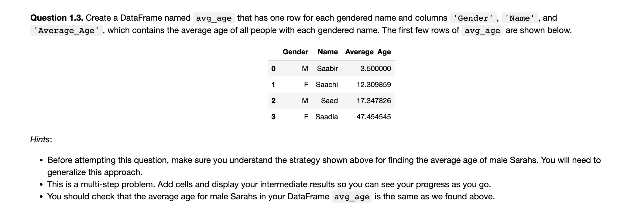 Solved Question 1.3. Create a DataFrame named avg_age that | Chegg.com