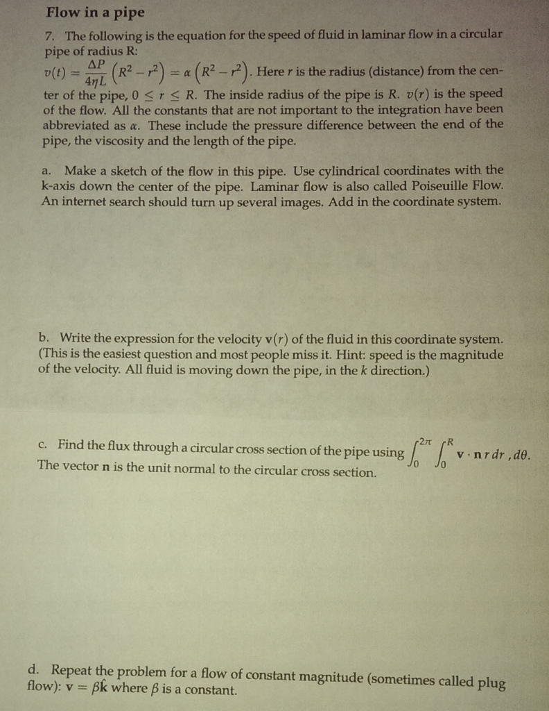 Solved Flow in a pipe 7. The following is the equation for | Chegg.com
