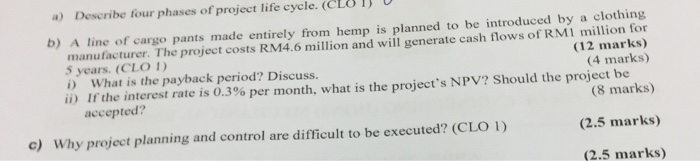 Solved a) Describe four phases of project life cycle. (CLO 1 | Chegg.com