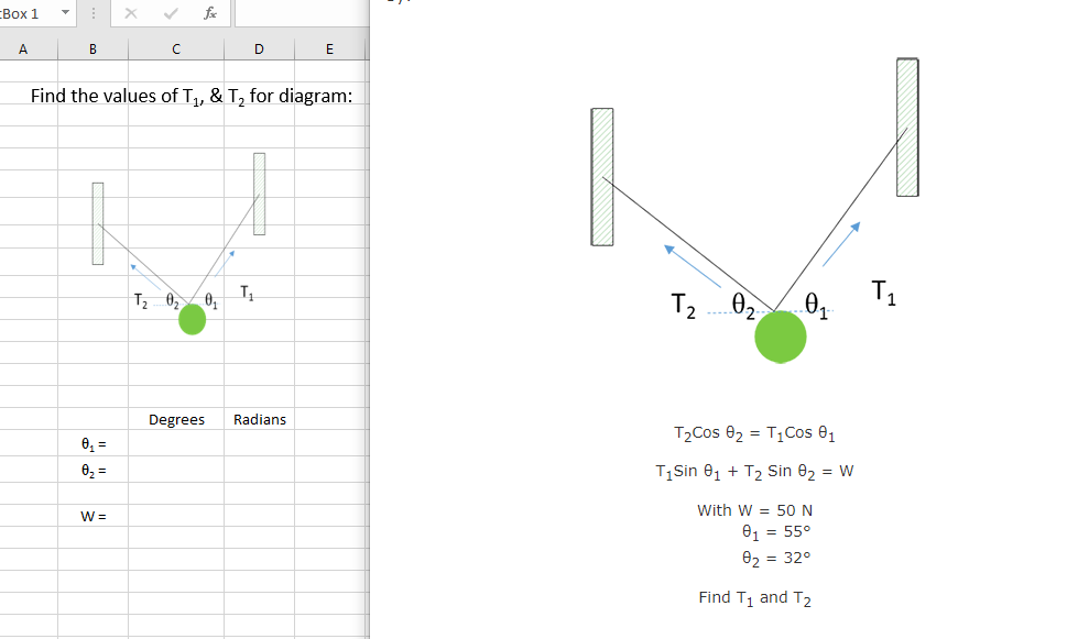 Solved Find the values of T1,&T2 for diagram: | Chegg.com