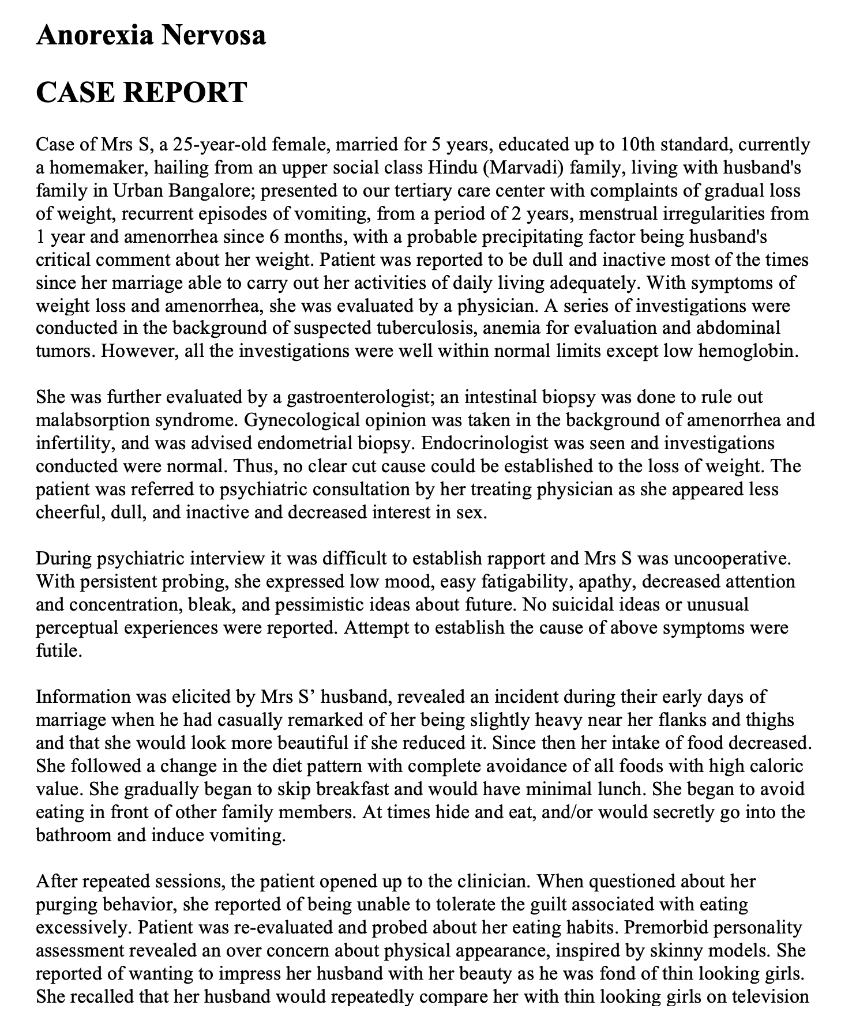 Solved Anorexia Nervosa CASE REPORT Case of Mrs S, a | Chegg.com