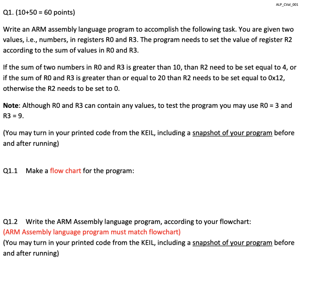 ALP_CVal_001 Q1. (10+50 = 60 points) Write an ARM | Chegg.com