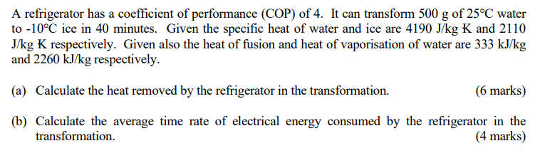 Solved A refrigerator has a coefficient of performance (COP) | Chegg.com