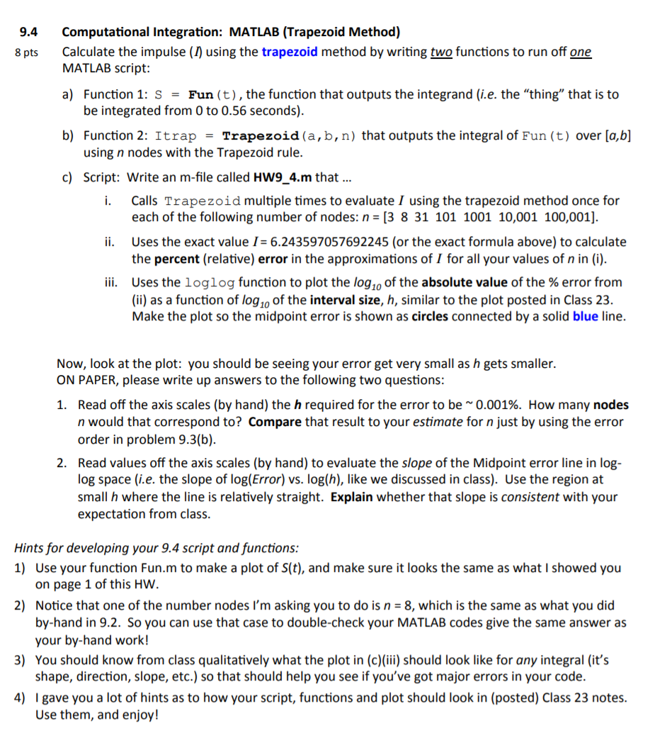 Trapezoid Method and MATLAB combined question | Chegg.com