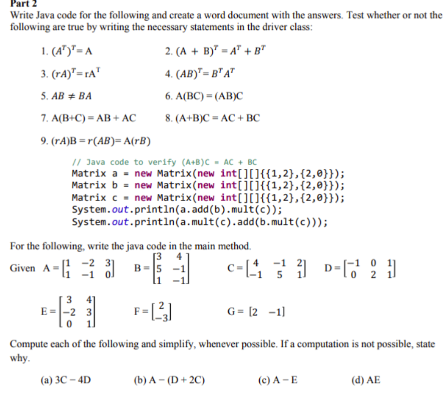 Solved Part 2 Write Java code for the following and create a | Chegg.com