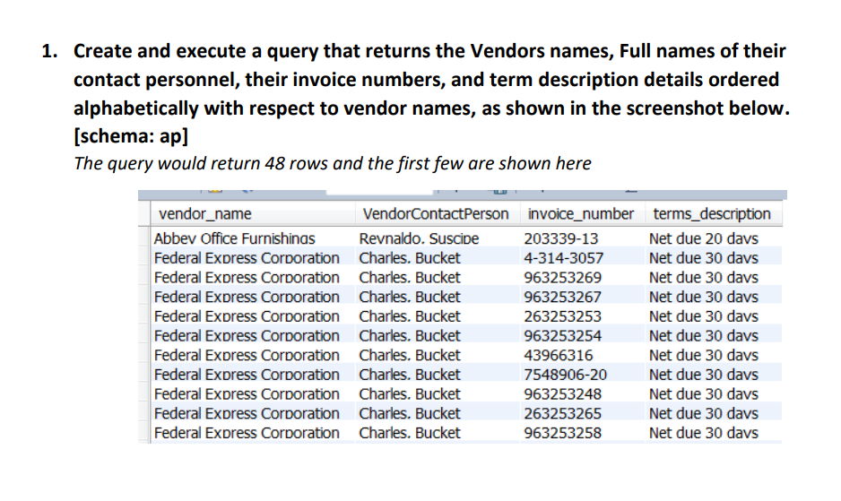 Solved 1. Create and execute a query that returns the | Chegg.com