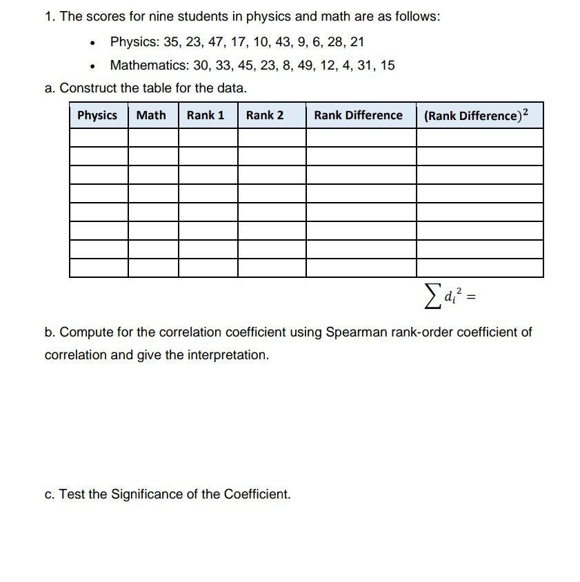 Solved . 1. The scores for nine students in physics and math | Chegg.com