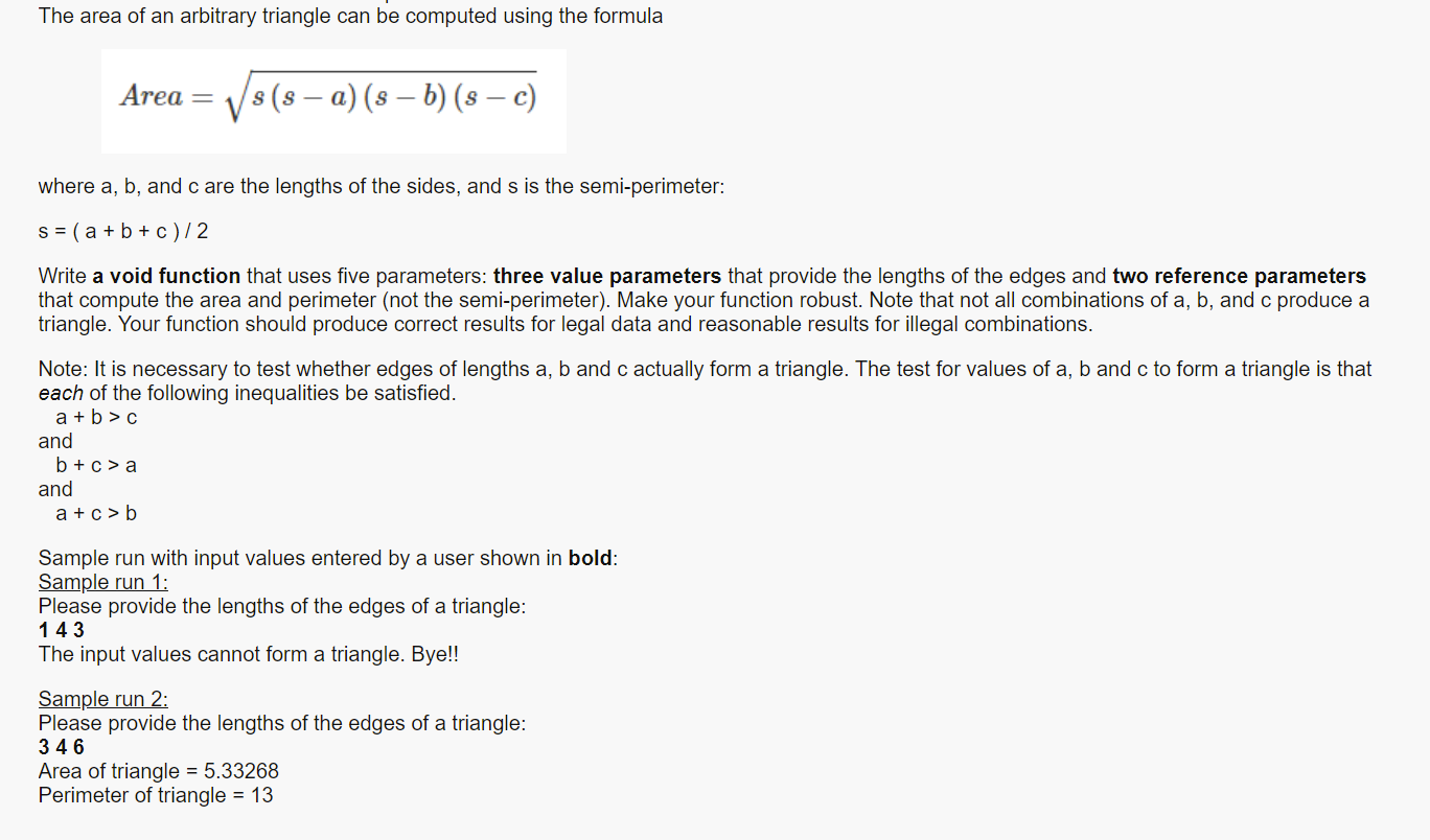 Solved The area of an arbitrary triangle can be computed | Chegg.com