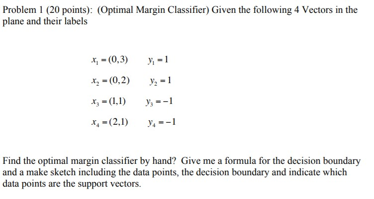 How to find optimal margin classifier by hand as well | Chegg.com