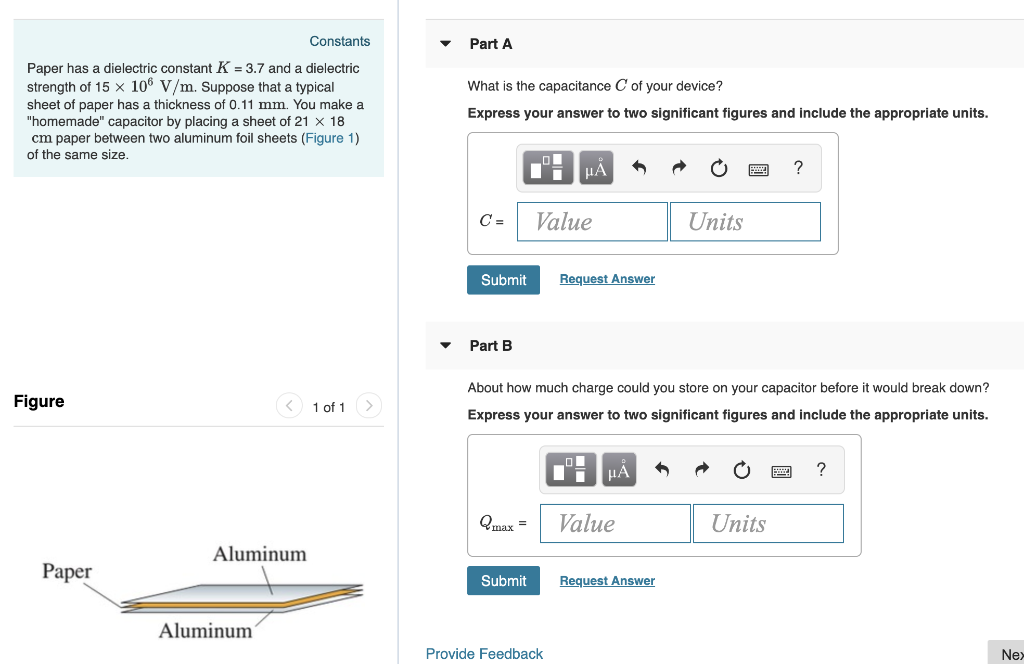 Solved Constants Part A Paper has a dielectric constant K | Chegg.com