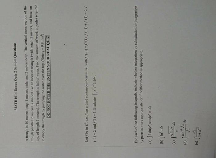 Solved MATH1014 Bonus Quiz 2 Sample Questions A trough is 10 | Chegg.com