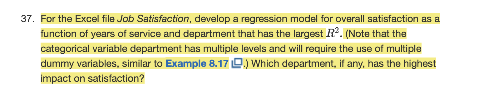 37. For the Excel file Job Satisfaction, develop a | Chegg.com