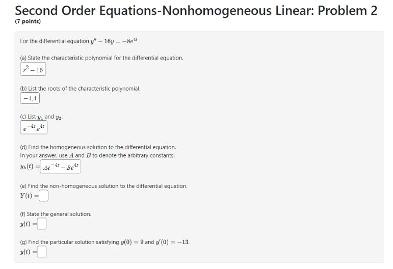 Solved Second Order Equations Nonhomogeneous Linear Problem