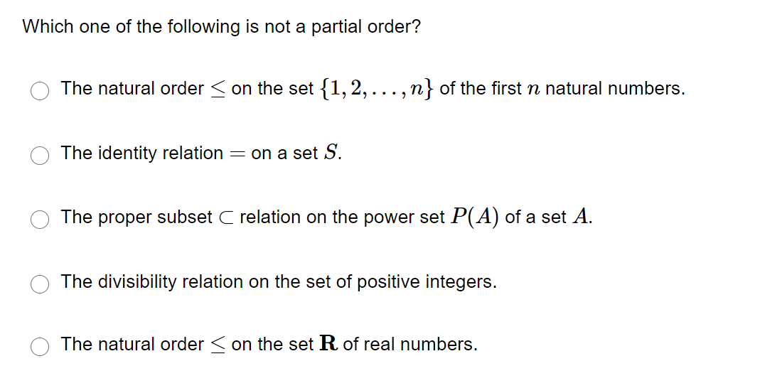Solved Which one of the following is not a partial order? | Chegg.com