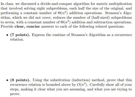 Solved In class, we discussed a divide-and-conquer algorithm | Chegg.com