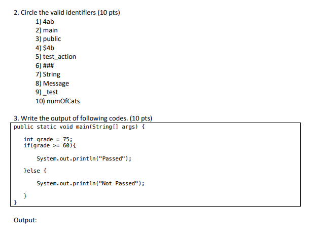 Solved 2. Circle the valid identifiers (10 pts) 1) 4ab 2) | Chegg.com