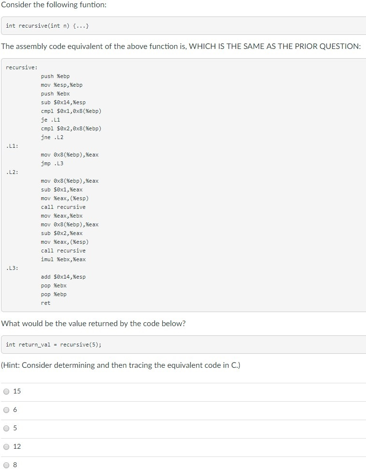 Solved Consider The Following Funtion Int Recursiveint N