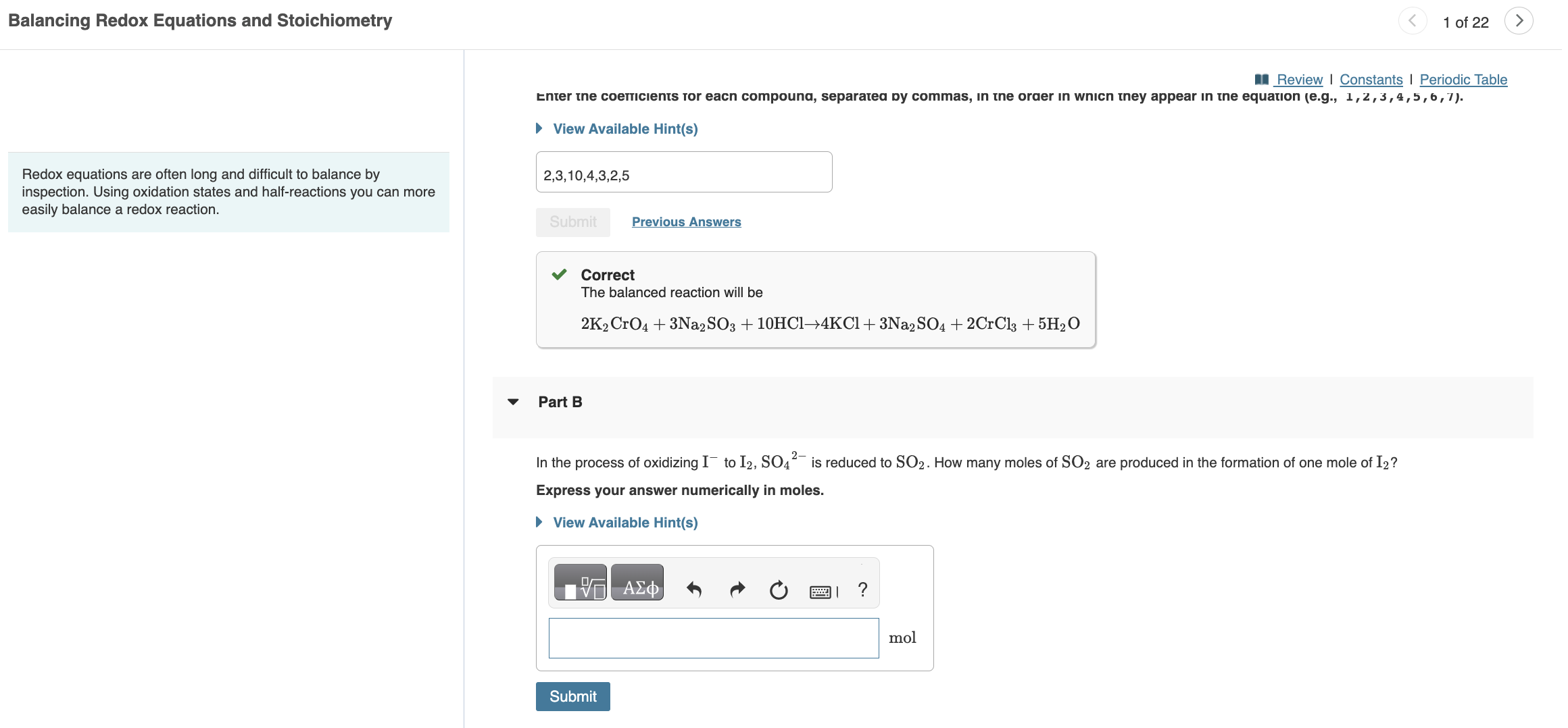 Solved Balancing Redox Equations and Stoichiometry 1 of 22 | Chegg.com