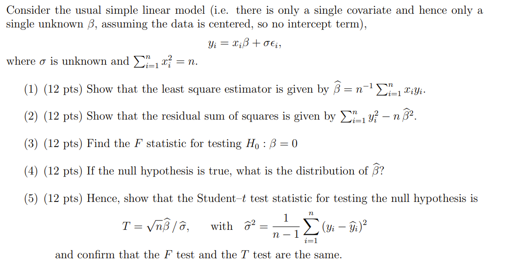 Solved Consider the usual simple linear model (i.e. there is | Chegg.com