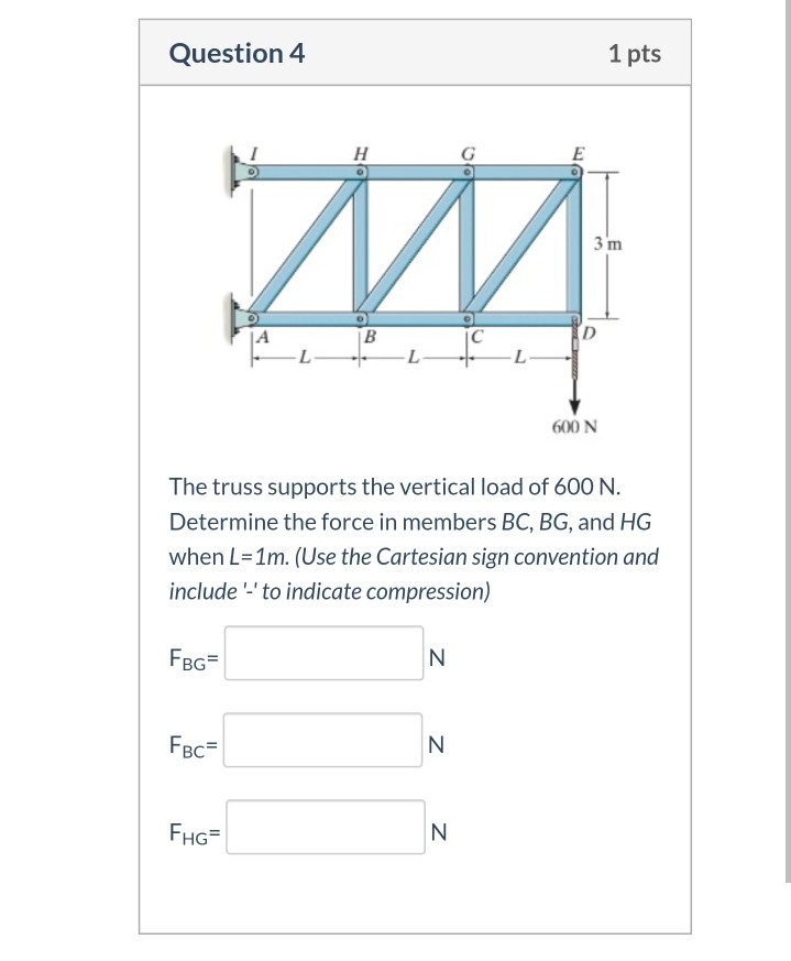 Solved Question 4 1 pts Н 3 m IC 600 N The truss supports | Chegg.com Solved Question 4 1 pts Н 3 m IC 600 N The truss supports | Chegg.com