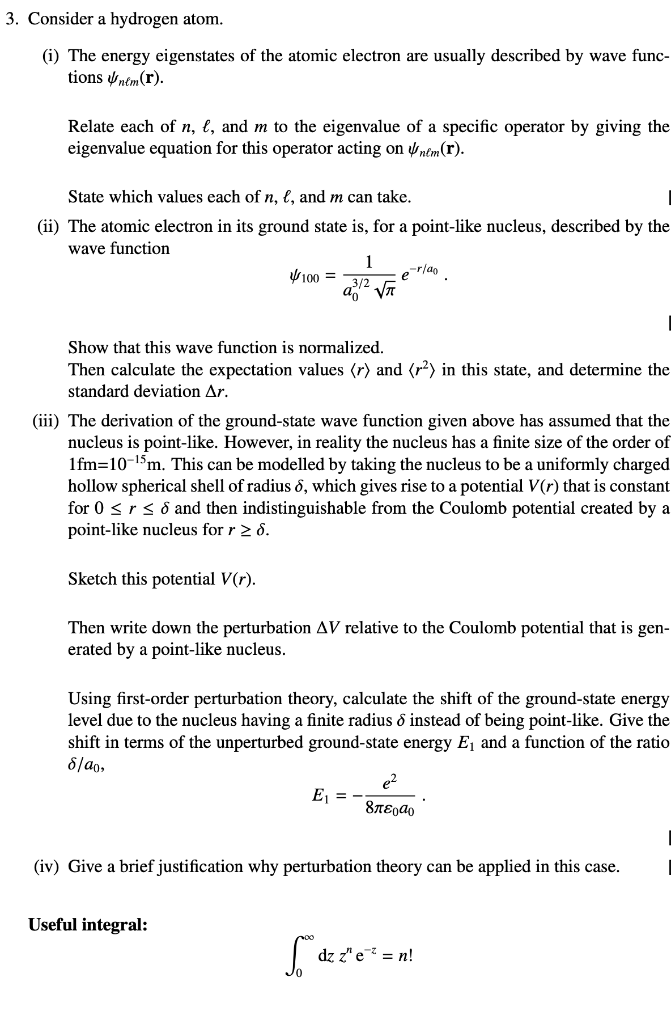 Solved 3 Consider A Hydrogen Atom I The Energy