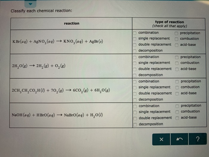Solved Classify each chemical reaction: type of reaction | Chegg.com
