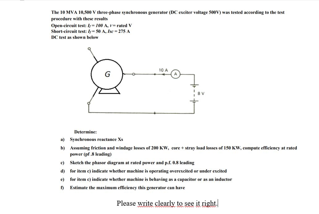 Solved The 10 MVA 10,500 V three-phase synchronous generator | Chegg.com