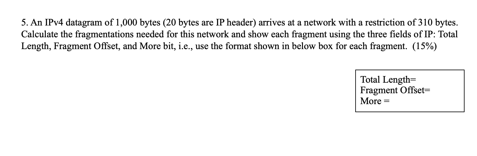 Solved 5. An IPv4 datagram of 1,000 bytes (20 bytes are IP | Chegg.com