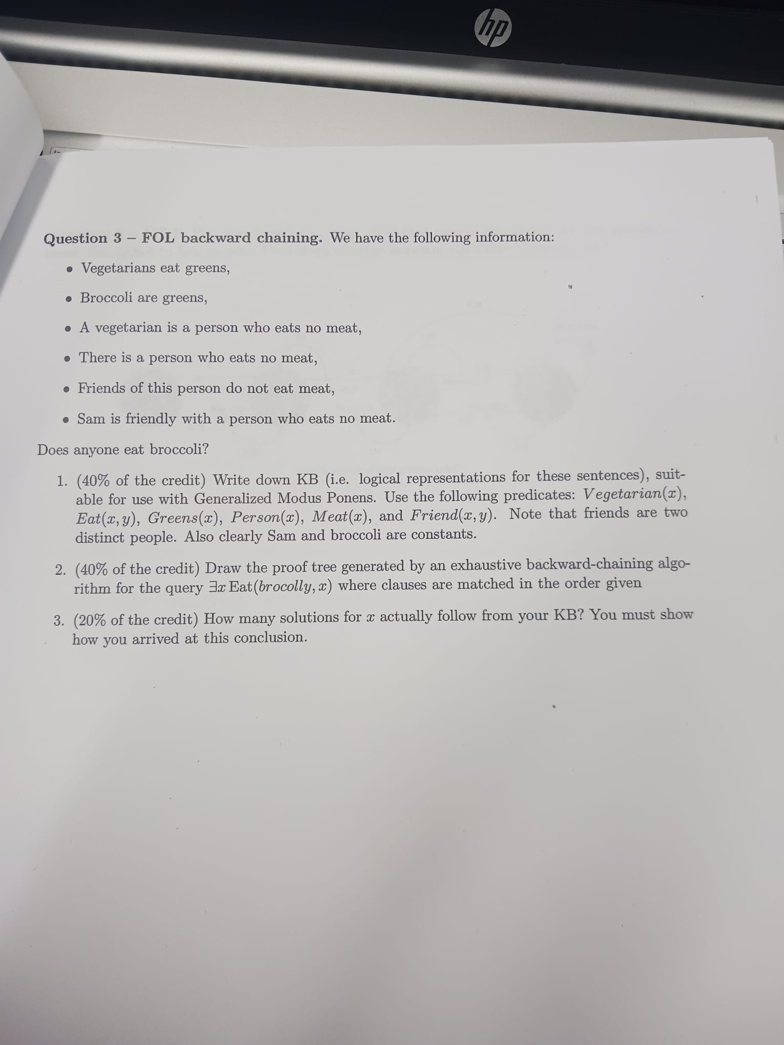Solved Question 3 - ﻿FOL backward chaining. We have the | Chegg.com