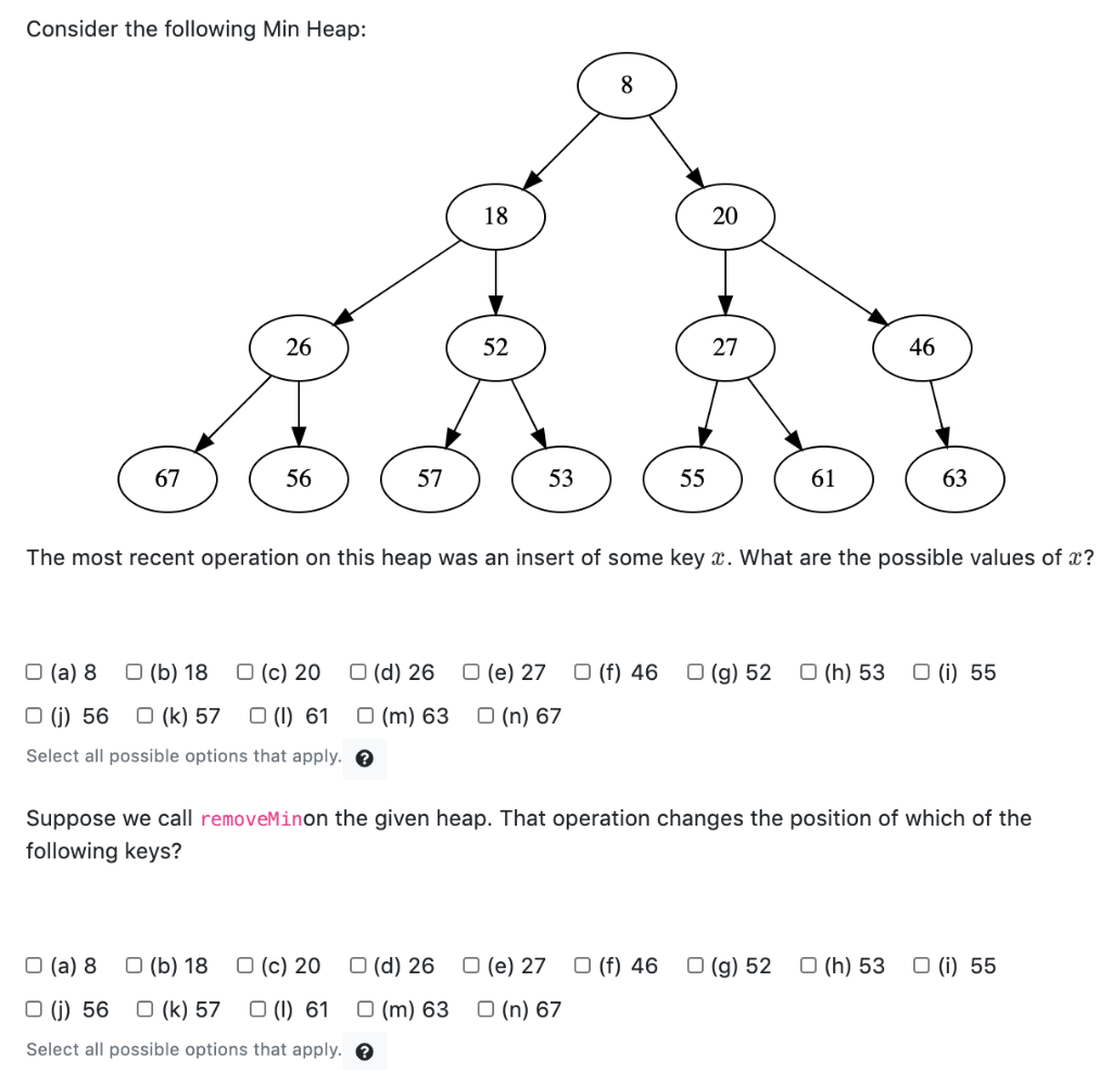 Solved Consider the following Min Heap: 8 18 20 26 52 27 46 | Chegg.com