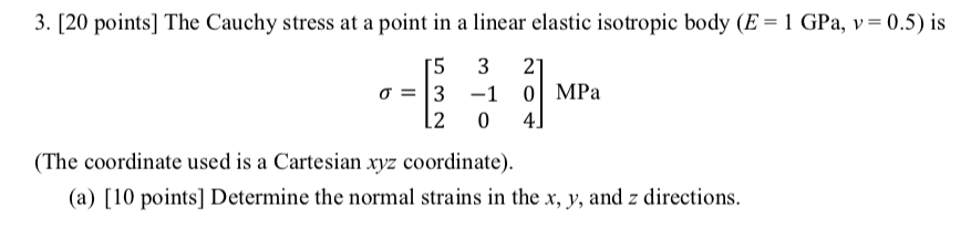 Solved 3. [20 points] The Cauchy stress at a point in a | Chegg.com