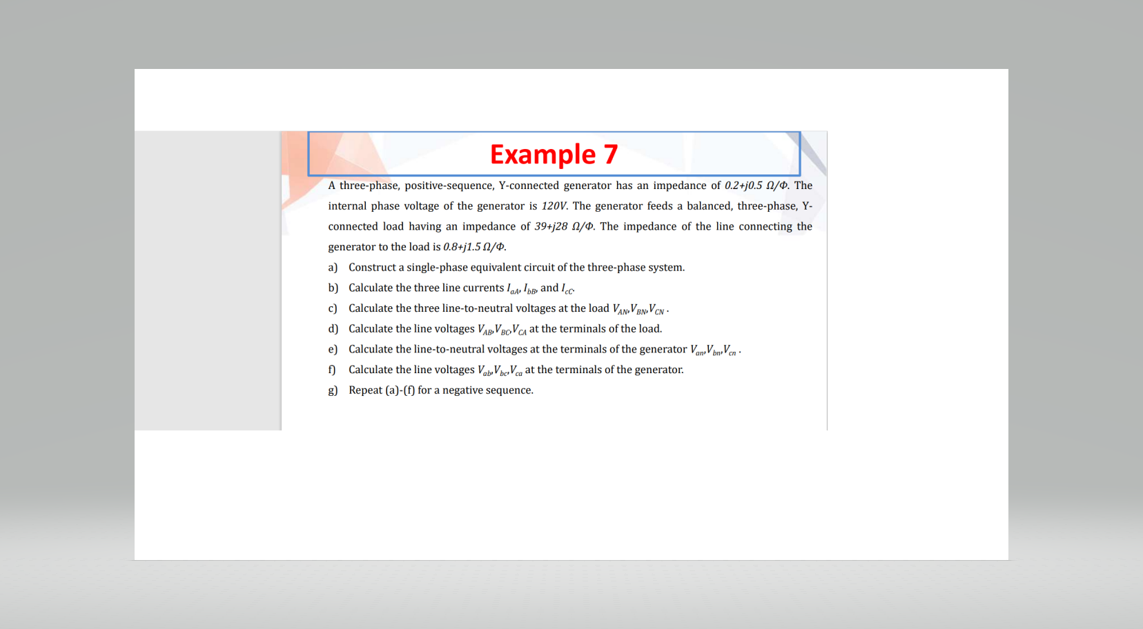 Solved A Three Phase Positive Sequence Y Connected