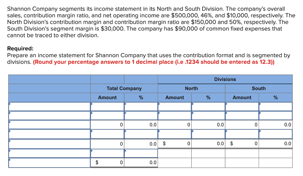 Solved Shannon Company segments its income statement in its | Chegg.com