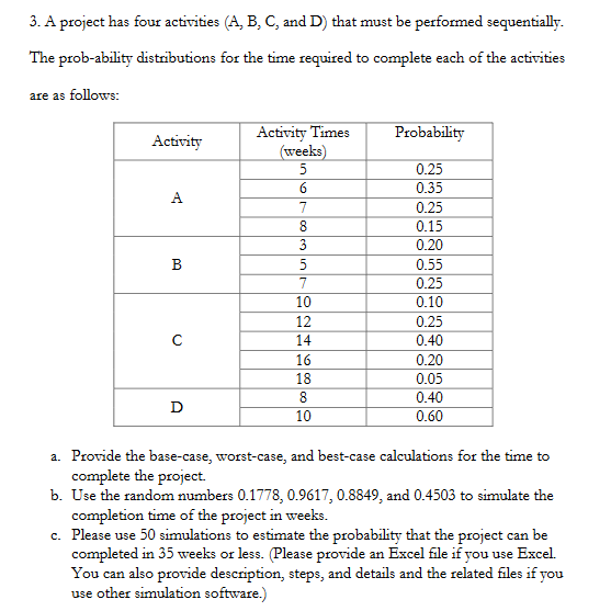 Solved 3. A project has four activities (A, B, C, and that | Chegg.com