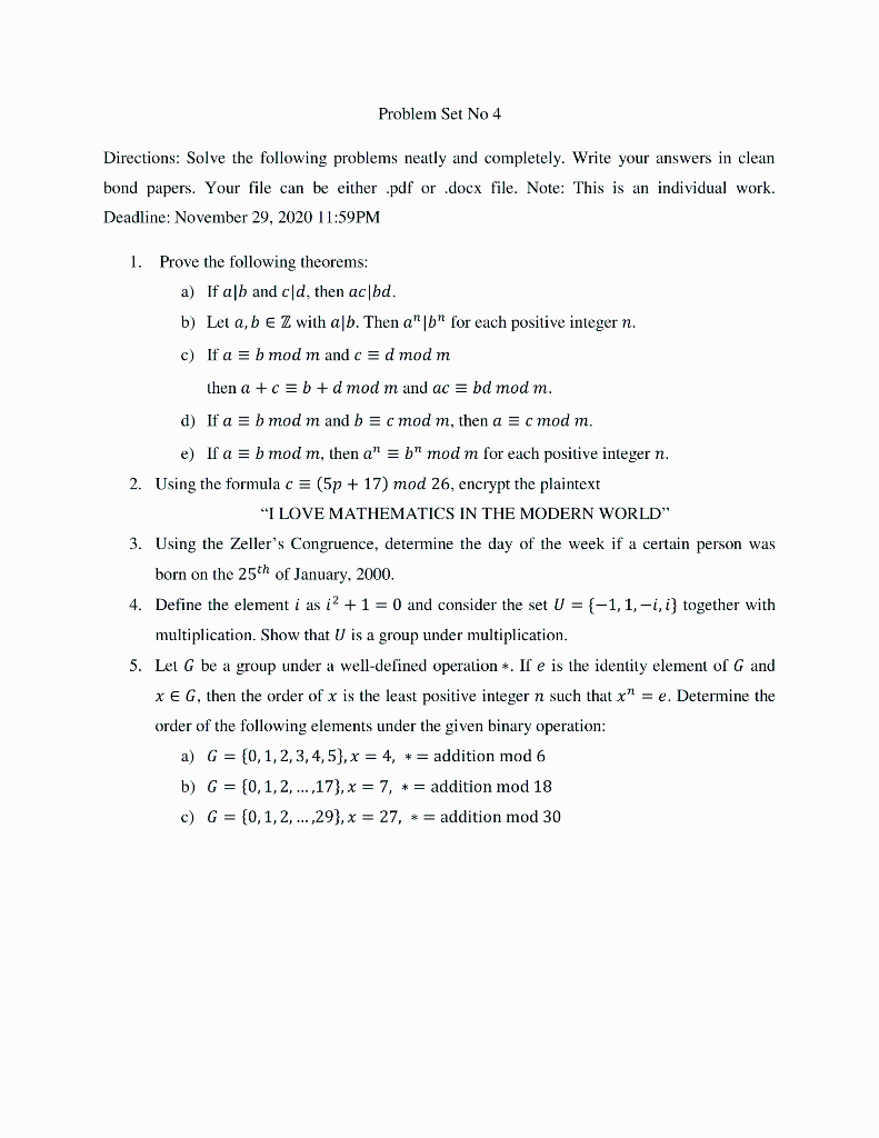 Solved Problem Set No 4 Directions: Solve the following | Chegg.com