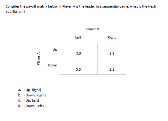Solved Consider the payoff matrix below, if Player A is the | Chegg.com