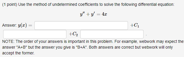 Solved (1 point) Use the method of undetermined coefficients | Chegg.com