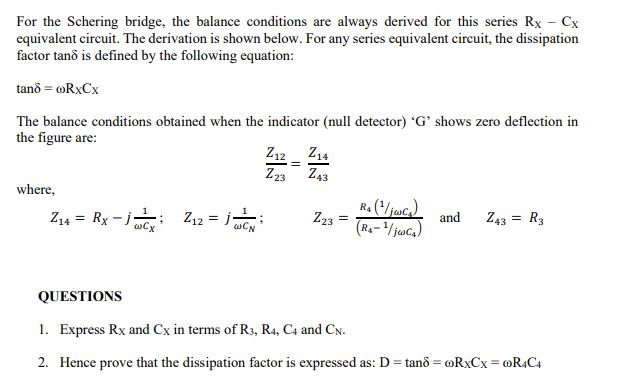 Solved The high-voltage Schering bridge Consider a basic | Chegg.com
