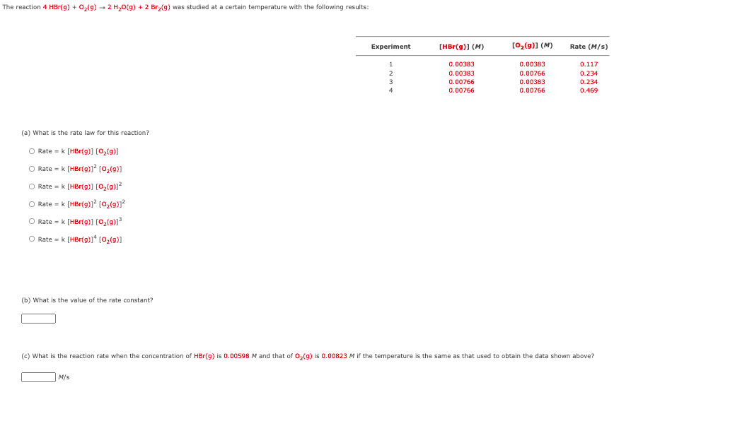 Solved The reaction 4 HBr(g) + O2(g) + 2 H2O() + 2 Br2(9) | Chegg.com