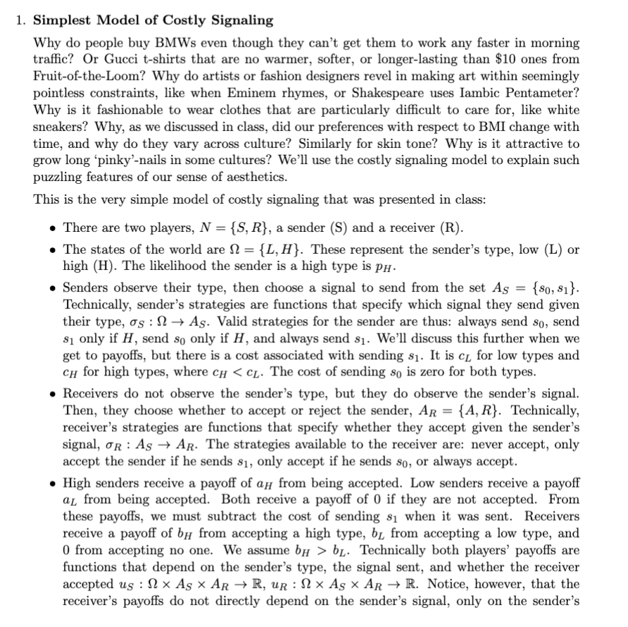 Solved Simplest Model of Costly Signaling Why do people buy | Chegg.com