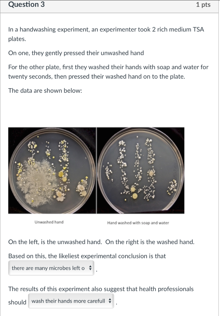 Solved Question 3 1 pts In a handwashing experiment, an | Chegg.com