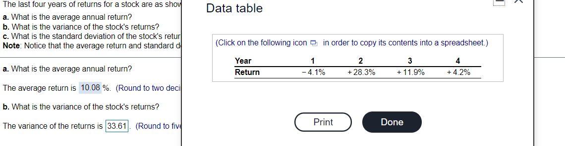 Solved b. What is the variance of the stock's returns? The | Chegg.com