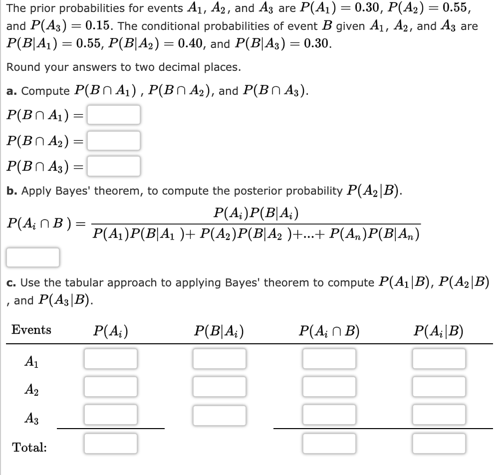 Solved The prior probabilities for events A1, A2, and A3 are | Chegg.com